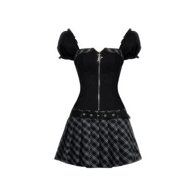 VOCK 辣妹纪元 日系暗黑少女格纹百褶裙一字肩抹胸收腰显瘦连衣裙