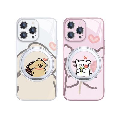 适用苹果手机壳小狗情侣磁吸支架