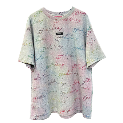 宽松彩虹烫钻破洞圆领短袖棉T恤