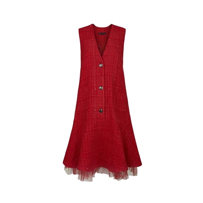 s.deerV领格纹网纱拼接长款马甲