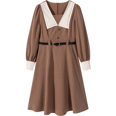 爱居兔秋季女装裙子撞色复古格纹设计感收腰长袖连衣裙