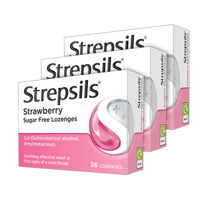 Strepsils使立消缓解喉咙痛刀片嗓含片无糖草莓味嗓子润喉糖*3盒
