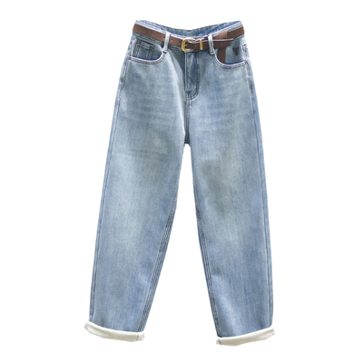 复古浅色高腰哈伦牛仔裤女萝卜裤