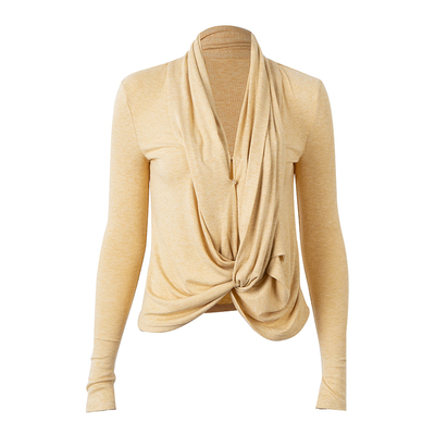 PynkiSwear 黄色/花灰色深V领交叉荡领长袖针织T恤修身上衣女秋