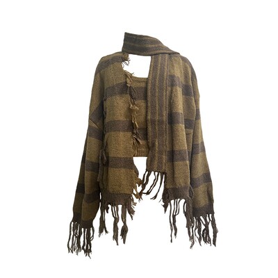 KeepBlue挪威森林含绵羊毛条纹针织毛衣开衫外套配吊带围巾三件套