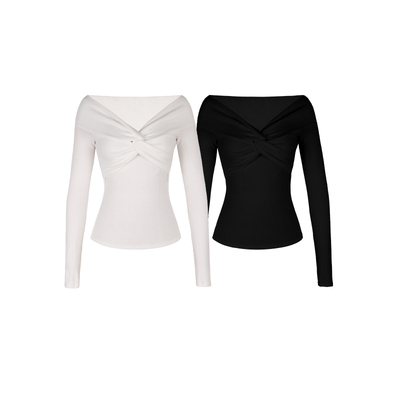 XULU原创慕斯抗菌绒弹力简约打底衫气质一字肩纽结长袖百搭上衣