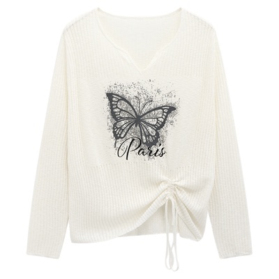 Basic House/百家好蝴蝶印花侧腰抽绳针织衫秋冬新款v领撞色上衣