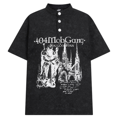 404MOB亨利领做旧水洗短袖T恤男