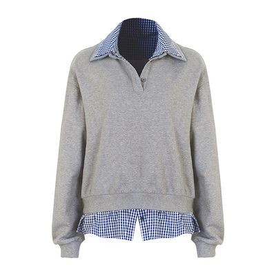 call it a day 花灰色polo领假两件套头卫衣撞色长袖上衣女