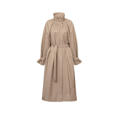 TOP家 智性氛围 法式复古高级 捏褶立领插肩袖廓形长款风衣外套