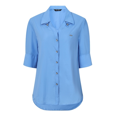 D63女装25秋季新款时尚通勤松弛感蓝色衬衫宽松短袖上衣女外搭