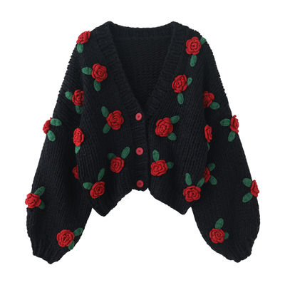 蔻后V领慵懒风宽松手工钩花毛衣