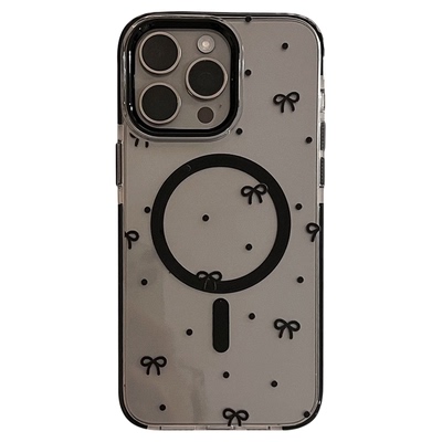 Black bow magnetic bracket clear case适用iphone 11 12 13 14 15 16 17 pro max
