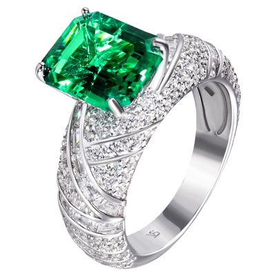 VISING3ct左右培育祖母绿宝石木佐色戒指《国际证书》S925银镀金