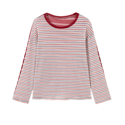 AR双子条纹宽松网纱罩衫薄纱红色上衣t恤女春夏季休闲风圆领长袖