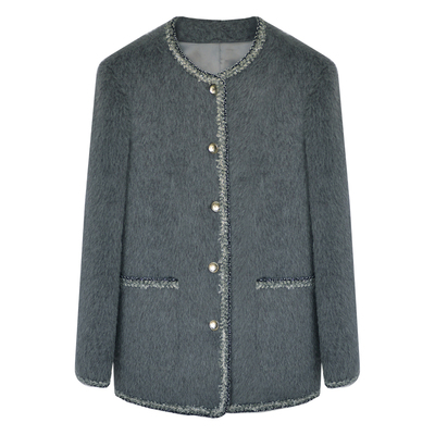 因由 羊驼毛长毛手工织带直筒长袖优雅气质经典花毛呢外套女秋冬