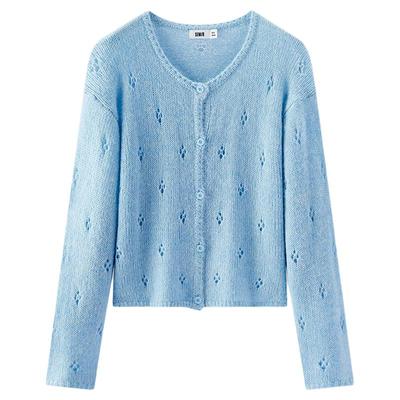 森马镂空落肩圆领短款针织开衫女