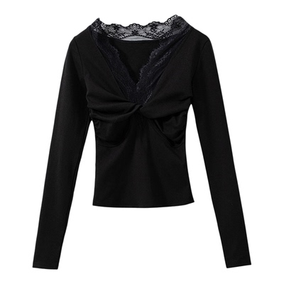 【温柔陷阱】 精梳棉双面织 法式性感蕾丝花边扭结V领打底衫上衣