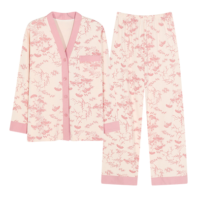 女带胸垫一体长袖睡衣套装