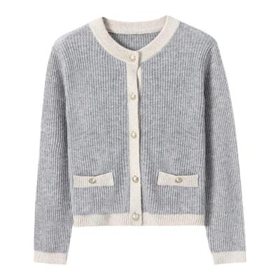 Basic House/百家好小香风撞色毛衣开衫秋冬灰色可外穿加厚上衣女