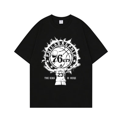 费城76人詹姆斯篮球休闲棉短袖衣服宽松大码运动T恤圆半袖衫美式