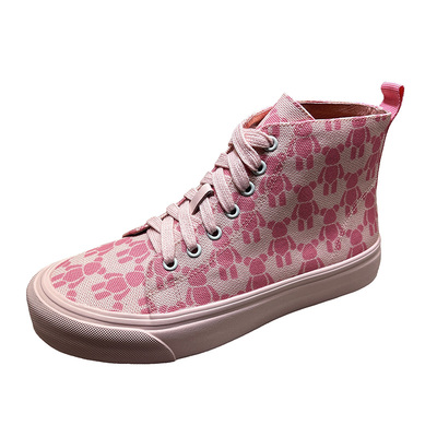 小熊帆布粉色高帮鞋女韩版休闲