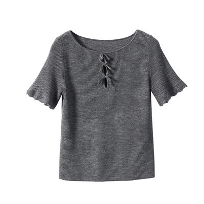 淘么淘 满屏甜美气息 少女蝴蝶结镂空羊毛扬子纱针织衫短袖T恤女