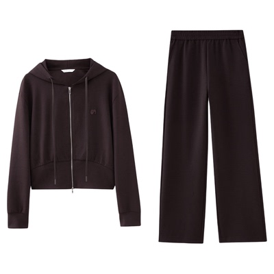 水云间酒红色运动风卫衣套装女连帽开衫外套直筒长裤子2026春新款