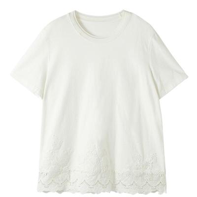 谜底简约T恤短袖2025年冬季新品纯棉亲肤下摆拼接蕾丝女254MT1723