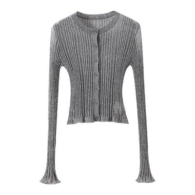 【爆款翻单】轻薄通透夏新款圆领长袖木耳边坑条针织短款透视开衫