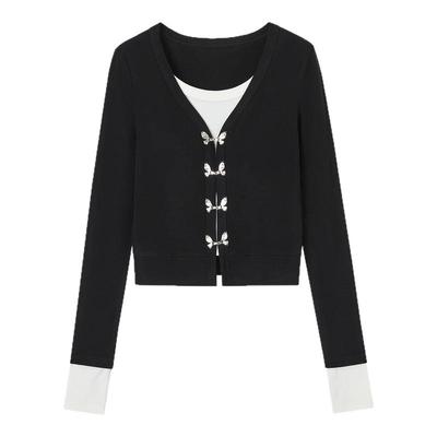 ACMEAURA假两件上衣女设计感蝴蝶扣V领正肩针织衫女秋季显瘦T恤