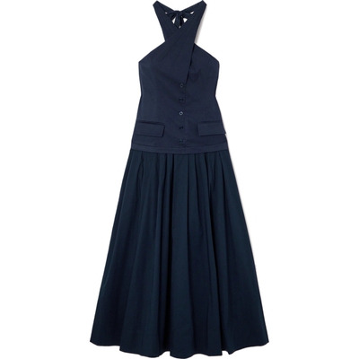 【38开门红】STAUD女士露背褶裥棉质斜纹布府绸挂脖超长连衣裙