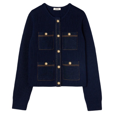 SANDRO牛仔口袋绵羊毛针织开衫