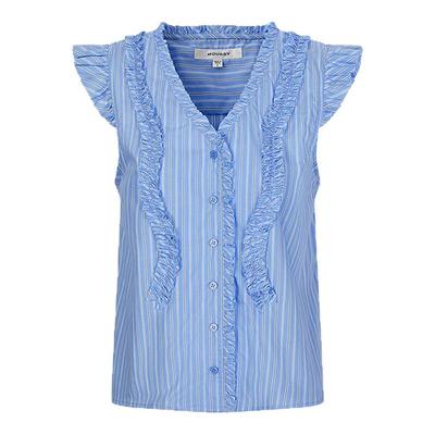 MOUSSY秋季新品复古港风抽褶花边无袖条纹衬衫028ISA30-3461