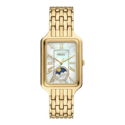 代购Fossil化石女士腕表夜光日期月相指针金色钢带防水矩形商务