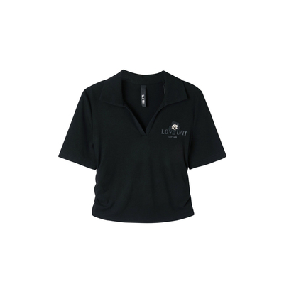 U/TI黑色设计感抽褶PoloT恤女 简约百搭休闲上衣尤缇时尚夏季新款