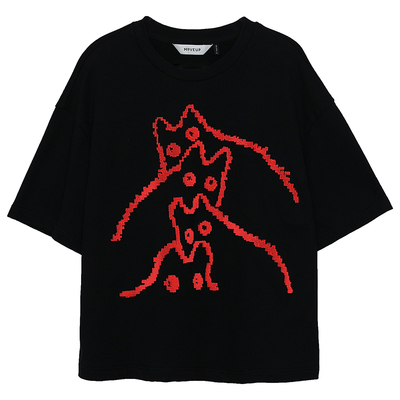 【商场同款】MOVEUP幻走2025春季新款猫咪交叠绣花纯棉 短款T恤女