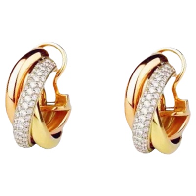 韩秀娜三环三色耳拍女气质交叉双环镶钻耳钉圆方形设计高级感耳饰