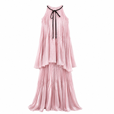 【全智鹅同款】GUO JINGYI26早秋新品皮粉百褶纱双层连衣裙长裙女