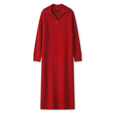 东黎针织宽松半拉链气质连衣裙