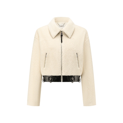周深同款Alexia Sandra秋冬新款皮料拼色休闲毛绒短外套女米白色