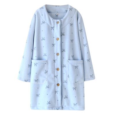 法兰绒带围脖家居睡裙中长款宽松