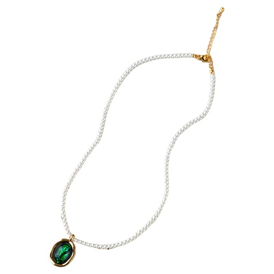 红口袋 法式复古高级感轻奢施家珍珠项链3mm珍珠绿色吊坠锁骨链