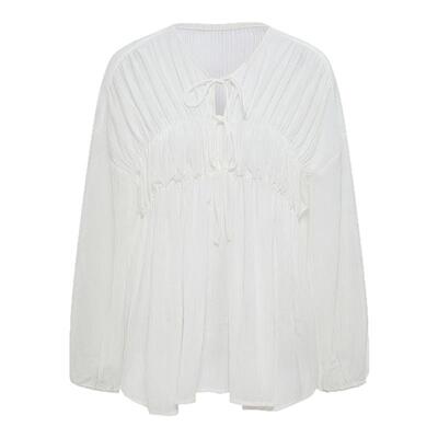 MOUSSY 夏季新品甜美风抽褶皱系带宽松长袖衬衫028ISA30-1003