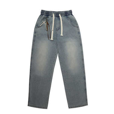 宾玛直筒牛仔裤夏季新款轻薄宽松紧腰抽绳阔腿休闲长裤262BDJ1103