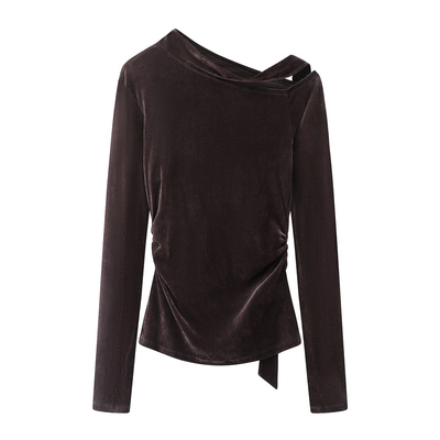 艾诺丝国内代购2026春季新款修身飘带领丝绒长袖T恤上衣BR601134