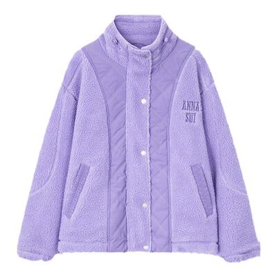 ANNA SUI安娜苏运动 秋冬仿羊羔绒格纹拼接立领双门襟外套蓬松