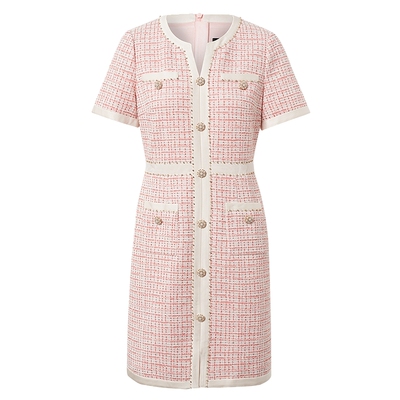 La Koradior拉珂蒂新款格纹花纱香风气质单排扣v领短袖连衣裙女