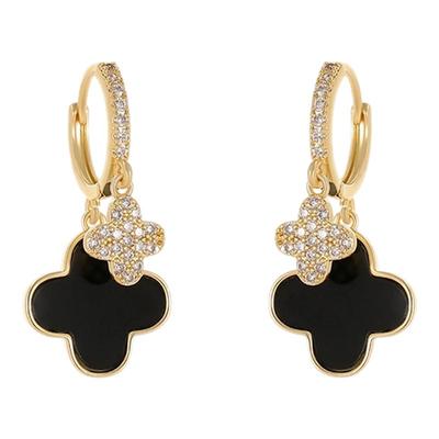 轻奢双层黑色四叶草耳环女