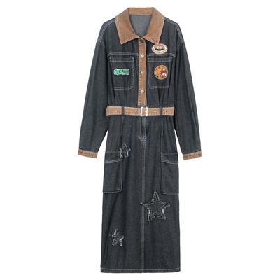 KEIKO [绣标]工装复古风轻薄牛仔连衣裙25秋季美式系带显瘦连身裙